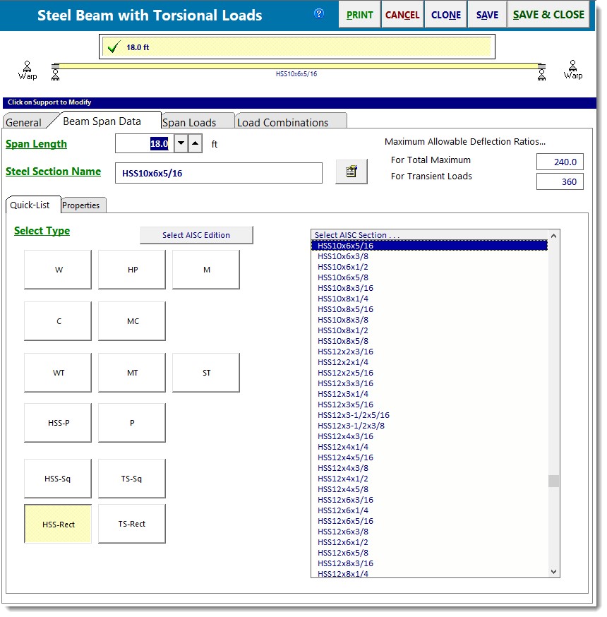 Calculation Modules > Beams > Steel Beam with Torsional Loads