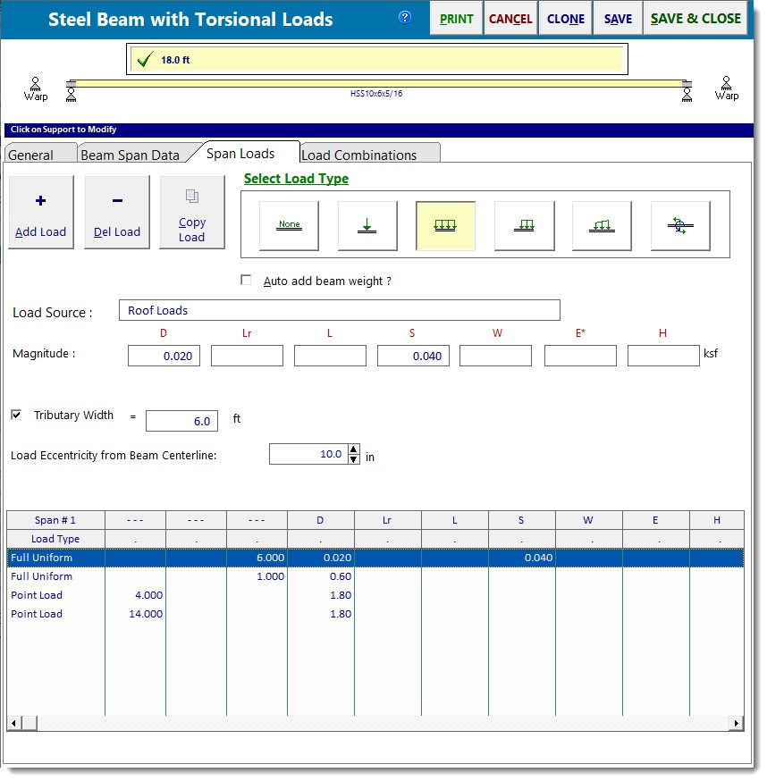 Calculation Modules > Beams > Steel Beam with Torsional Loads
