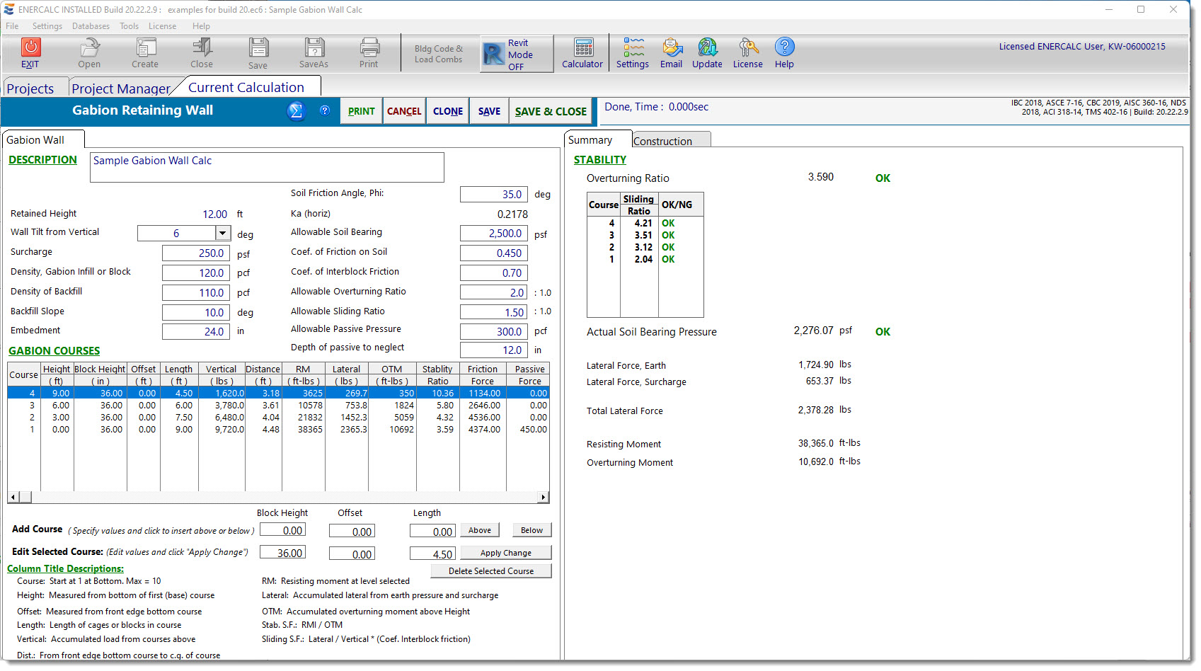 Calculation Modules > Retaining Walls > Gabion Retaining Wall