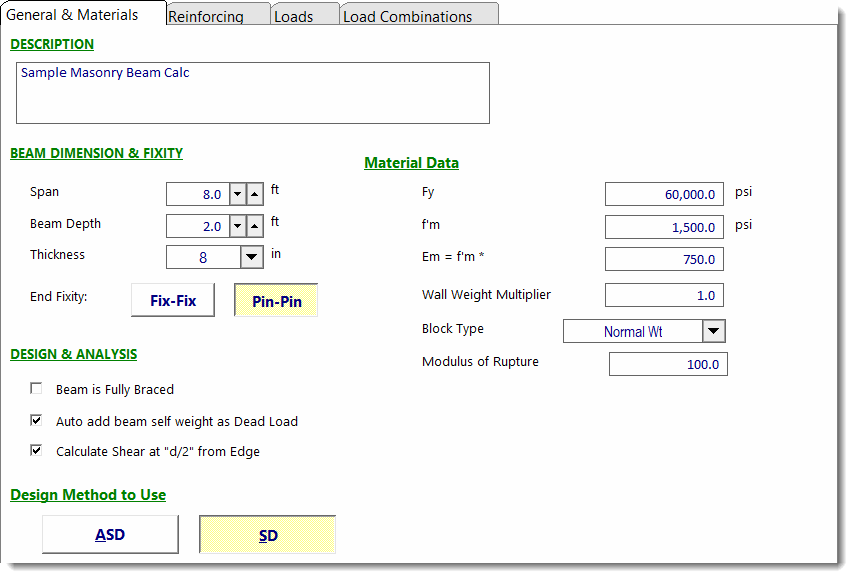 Calculation Modules > Beams > Masonry Beam