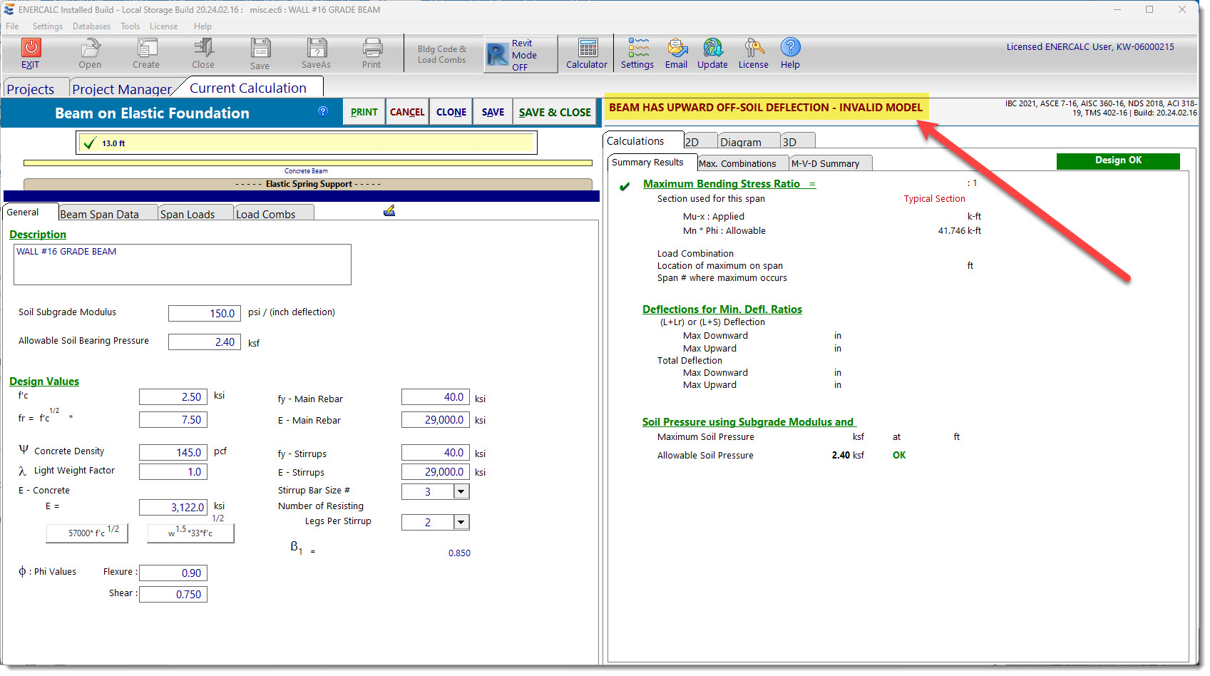 ENERCALC SEL > Calculation Modules > Beams > Beam on Elastic Foundation > No Results are Displayed