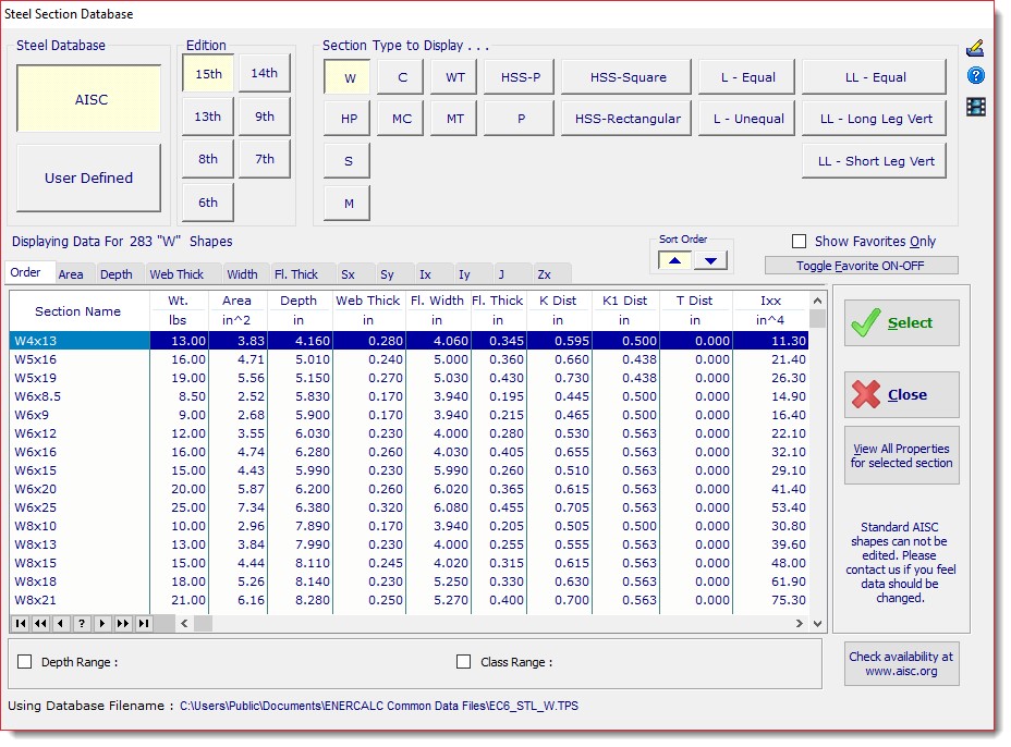 Main Menu > Databases > Rolled Steel - AISC Database
