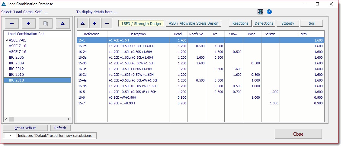 Main Menu > Databases > Load Combination Database