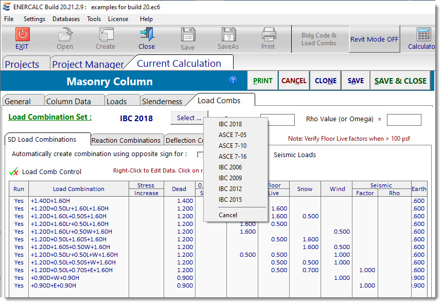 Main Menu > Databases > Load Combination Database