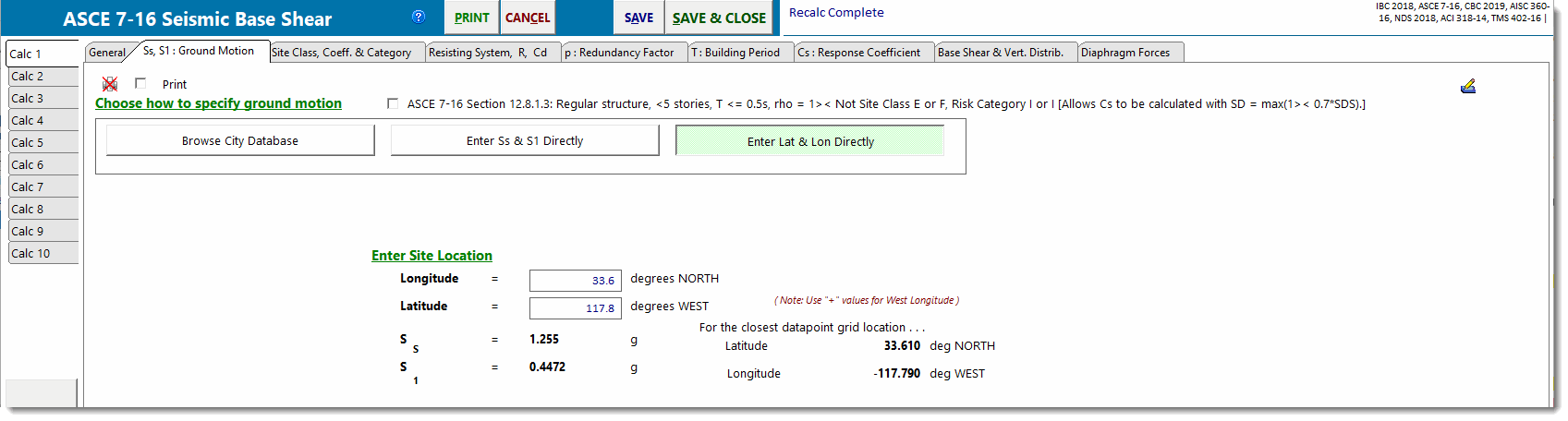 Calculation Modules > Loads & Forces Divisions > ASCE Seismic Base Shear
