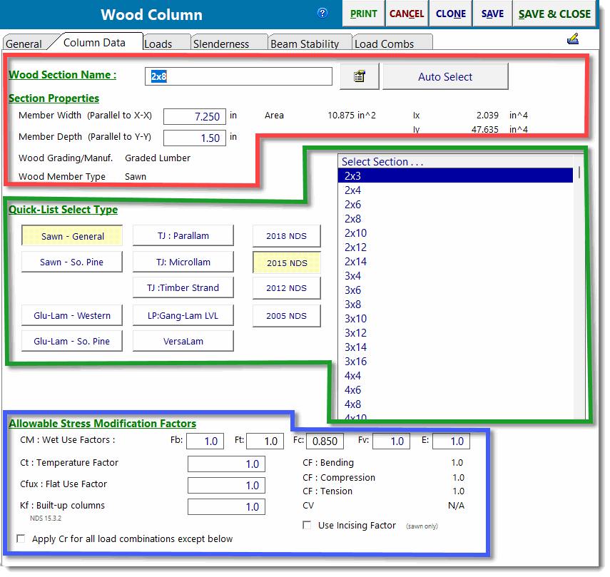 Calculation Modules > Columns > Wood Column