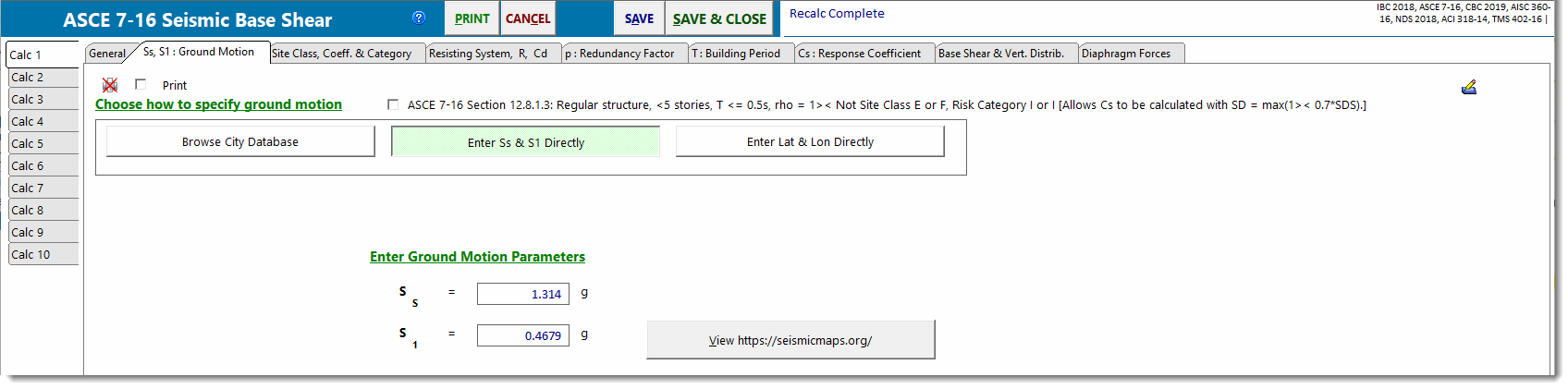 Calculation Modules > Loads & Forces Divisions > ASCE Seismic Base Shear
