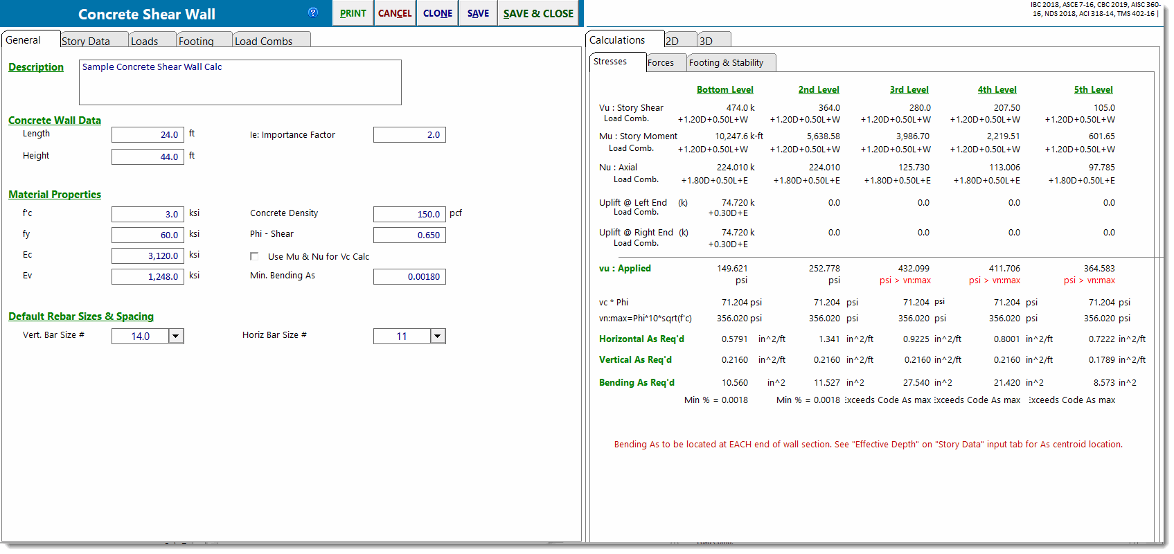 Calculation Modules > Walls > Shear Walls > Concrete Shear Wall