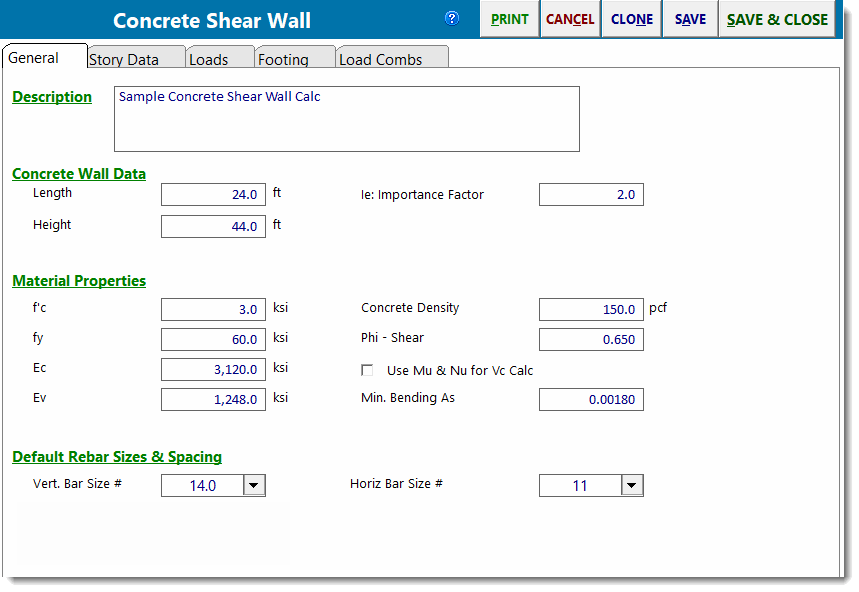 Calculation Modules > Walls > Shear Walls > Concrete Shear Wall