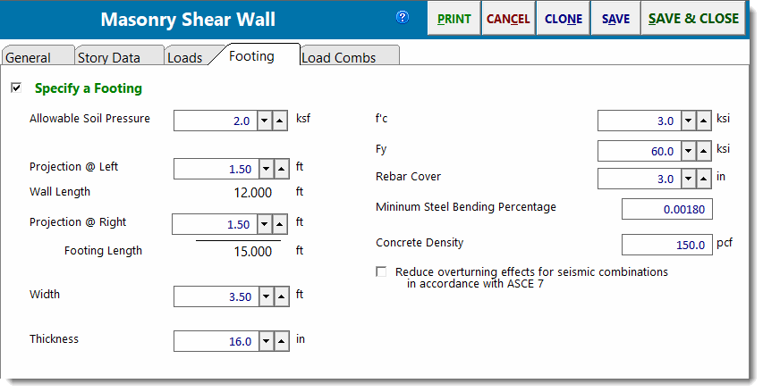 Calculation Modules > Walls > Shear Walls > Masonry Shear Wall